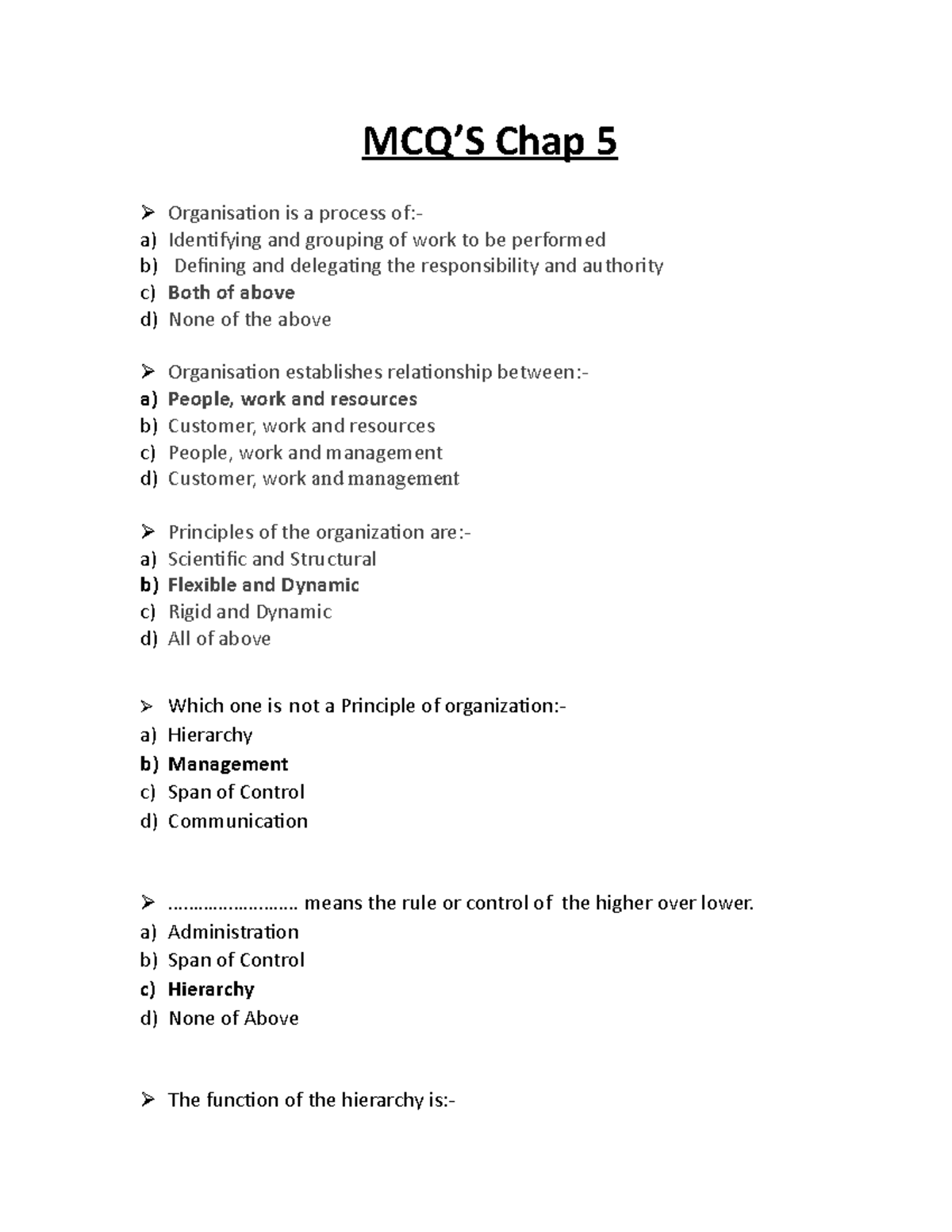 material for study - MCQ’S Chap 5 Organisation is a process of:- a ...