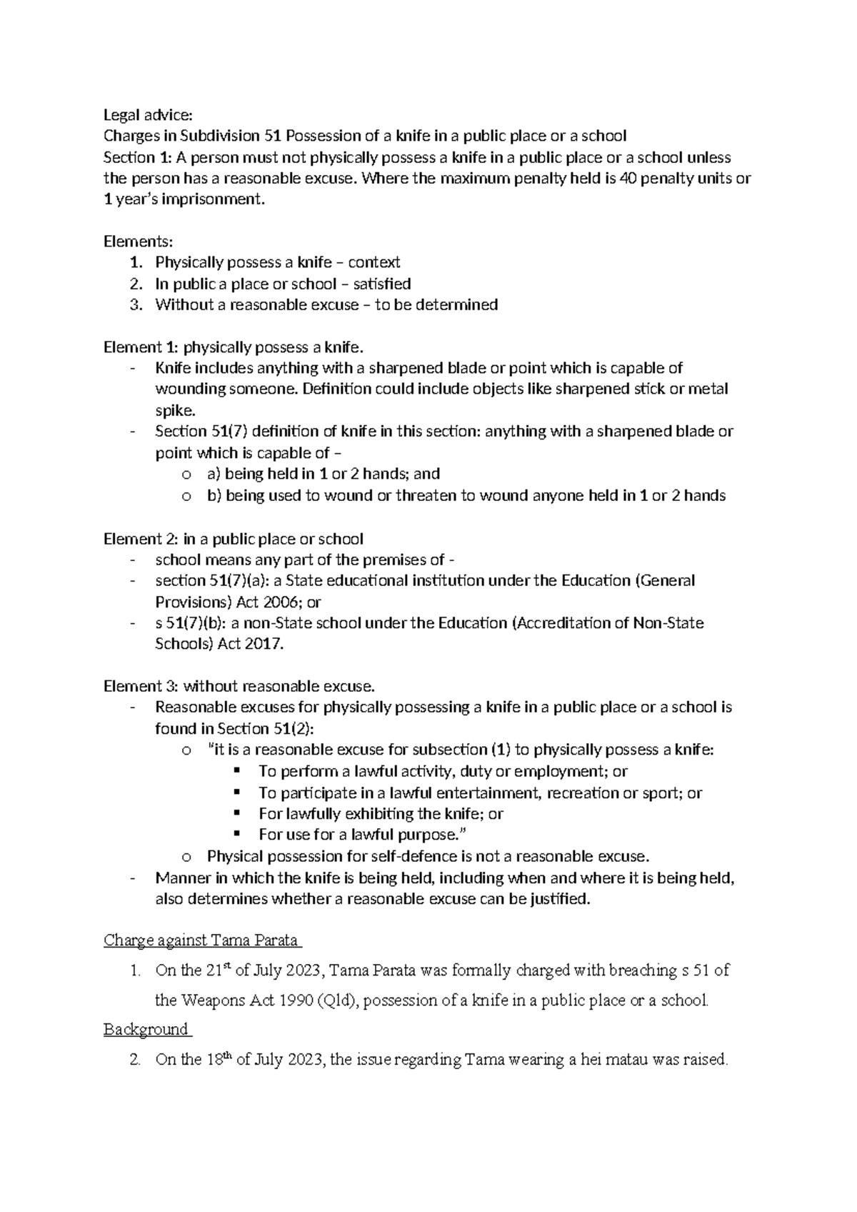 Legal advice draft - Legal advice: Charges in Subdivision 51 Possession ...