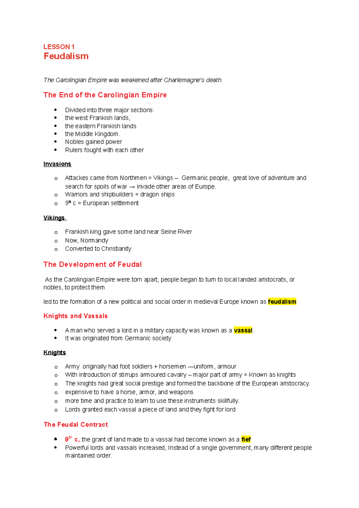 Ch10 feudalism - good notes - LESSON 1 Feudalism The Carolingian Empire ...