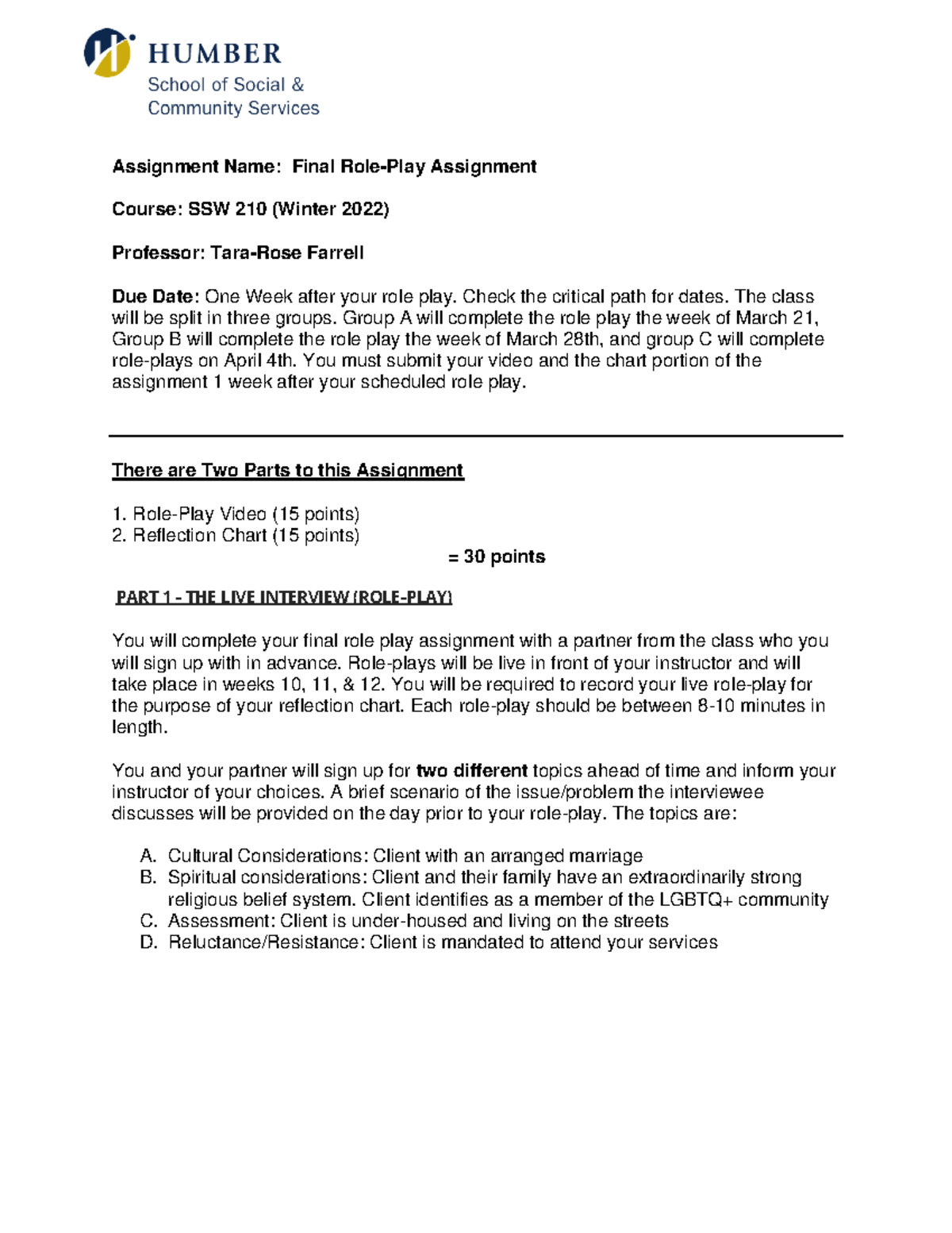 Winter 2021 Counselling 2 Final Role-Play Assignment Instructions ...