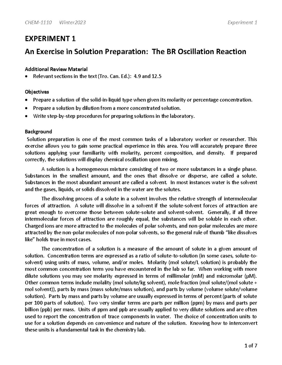 Exp. 1 The Oscillation Reaction - EXPERIMENT 1 An Exercise in Solution Preparation: The BR - Studocu