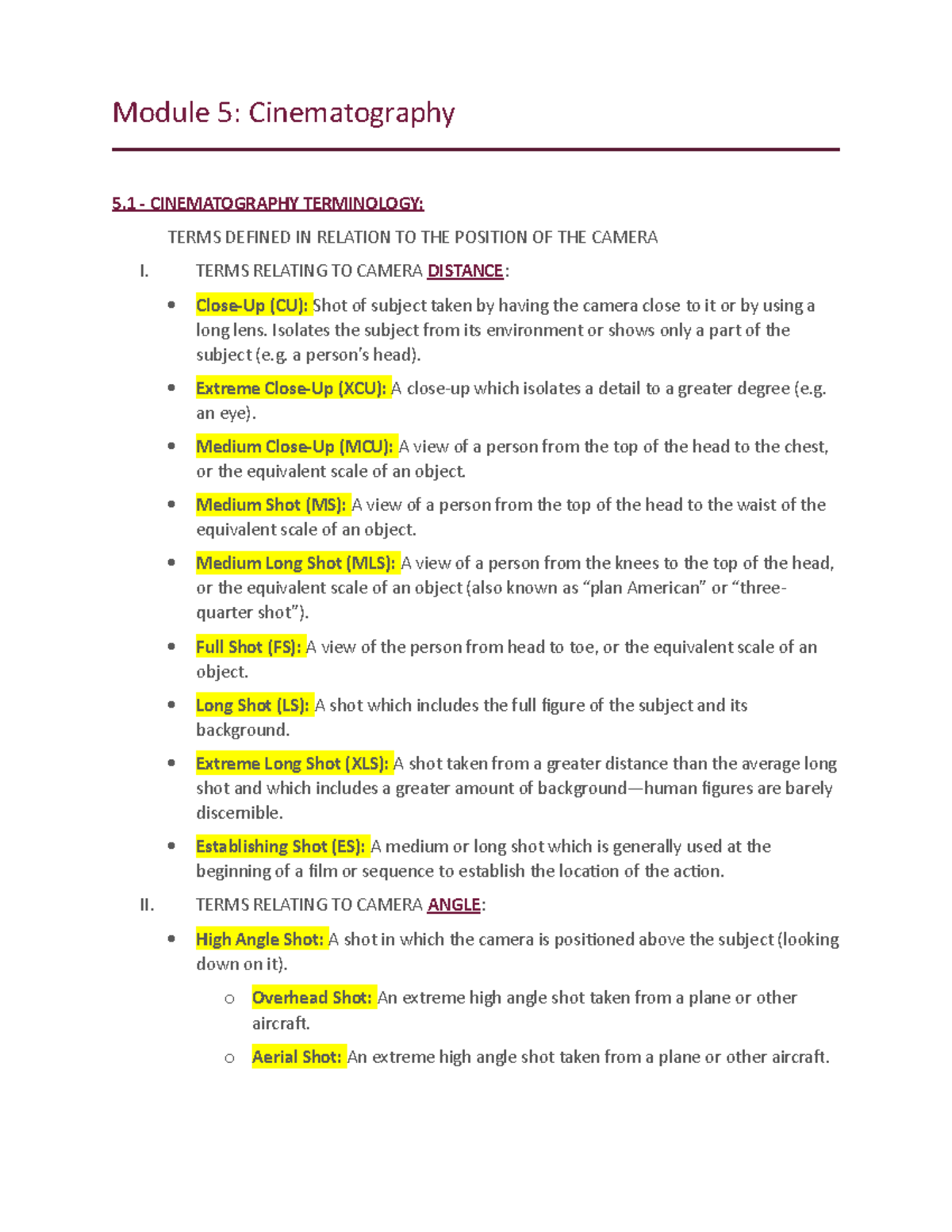 Module 5-Cinematography - Module 5: Cinematography 5 - CINEMATOGRAPHY ...
