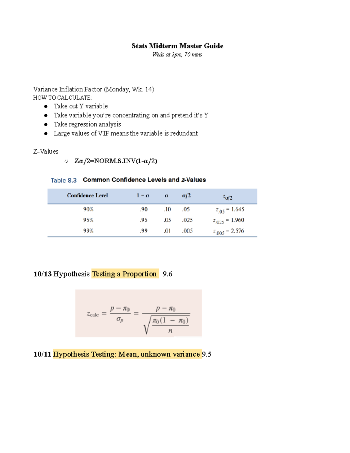 Stats Midterm Master Guide-2 - Stats Midterm Master Guide Weds at 2pm, 70 mins Variance ...