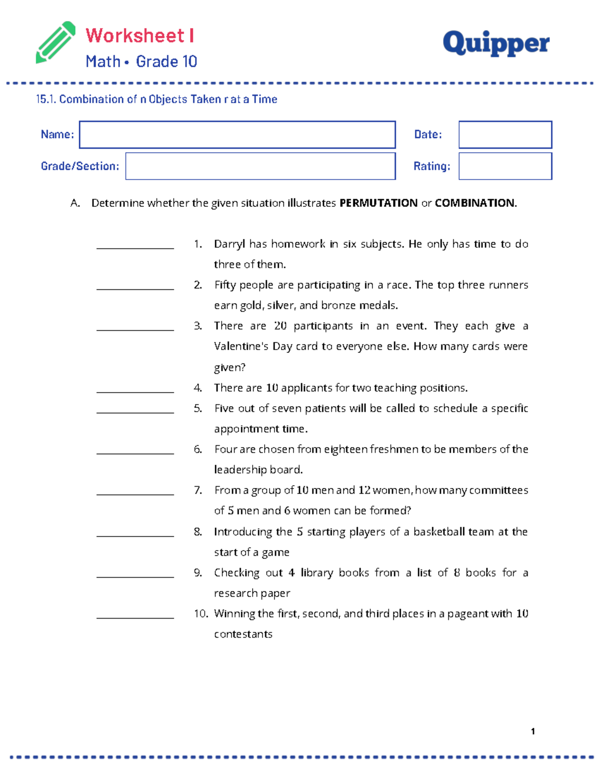 ME Math 10 Q3 1501 WS1 - Math Practice Problems - Worksheet I Math ...