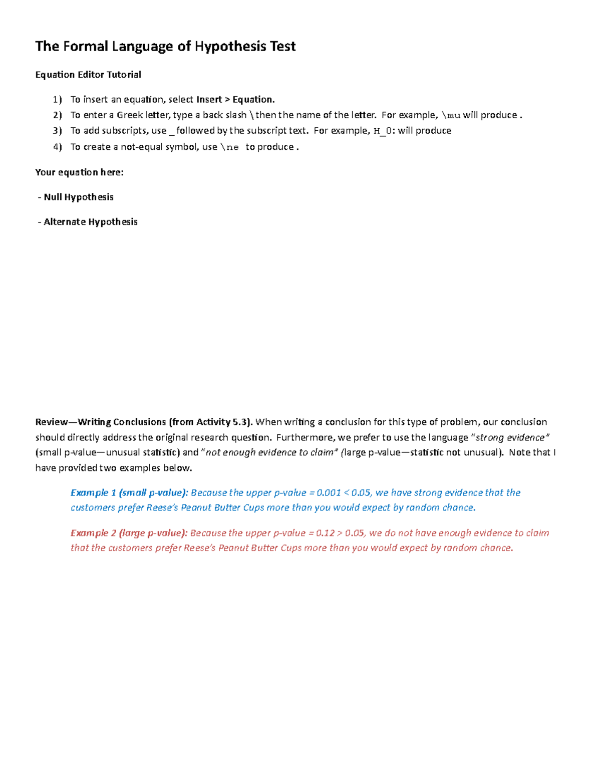Act6 1 The Language of Hypothesis Tests - The Formal Language of ...