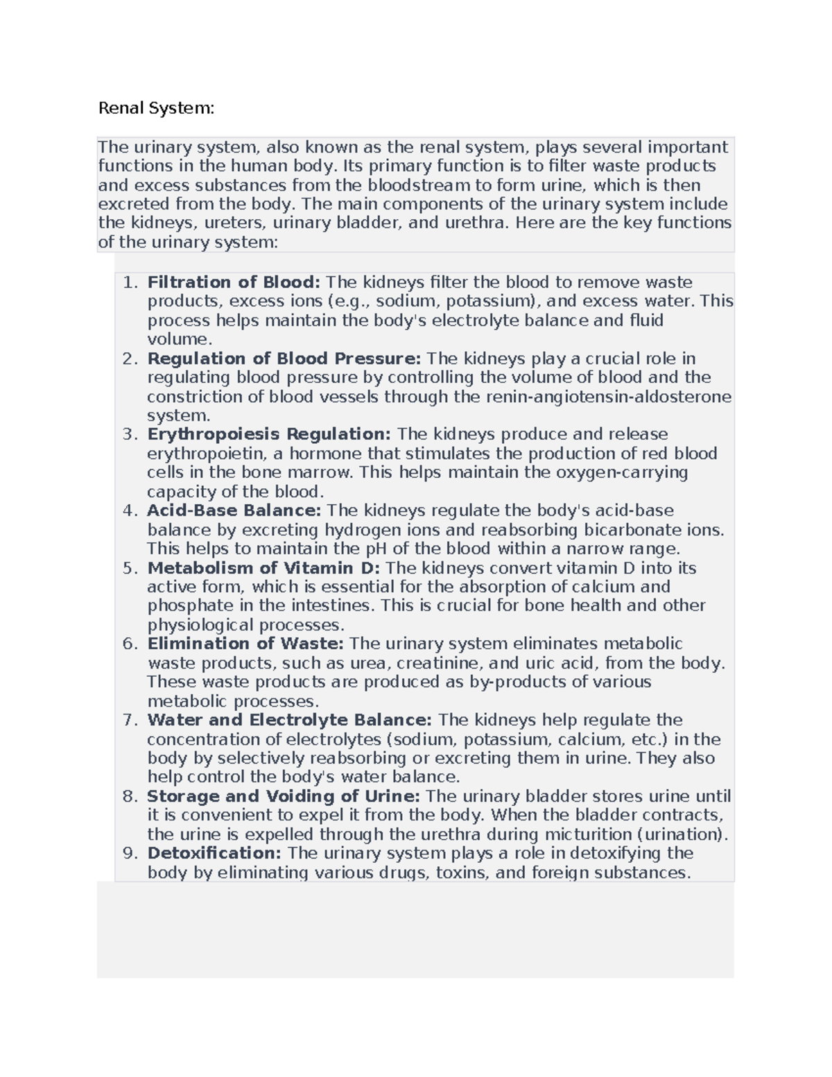 Renal System - Exam review and study notes - Renal System: The urinary ...