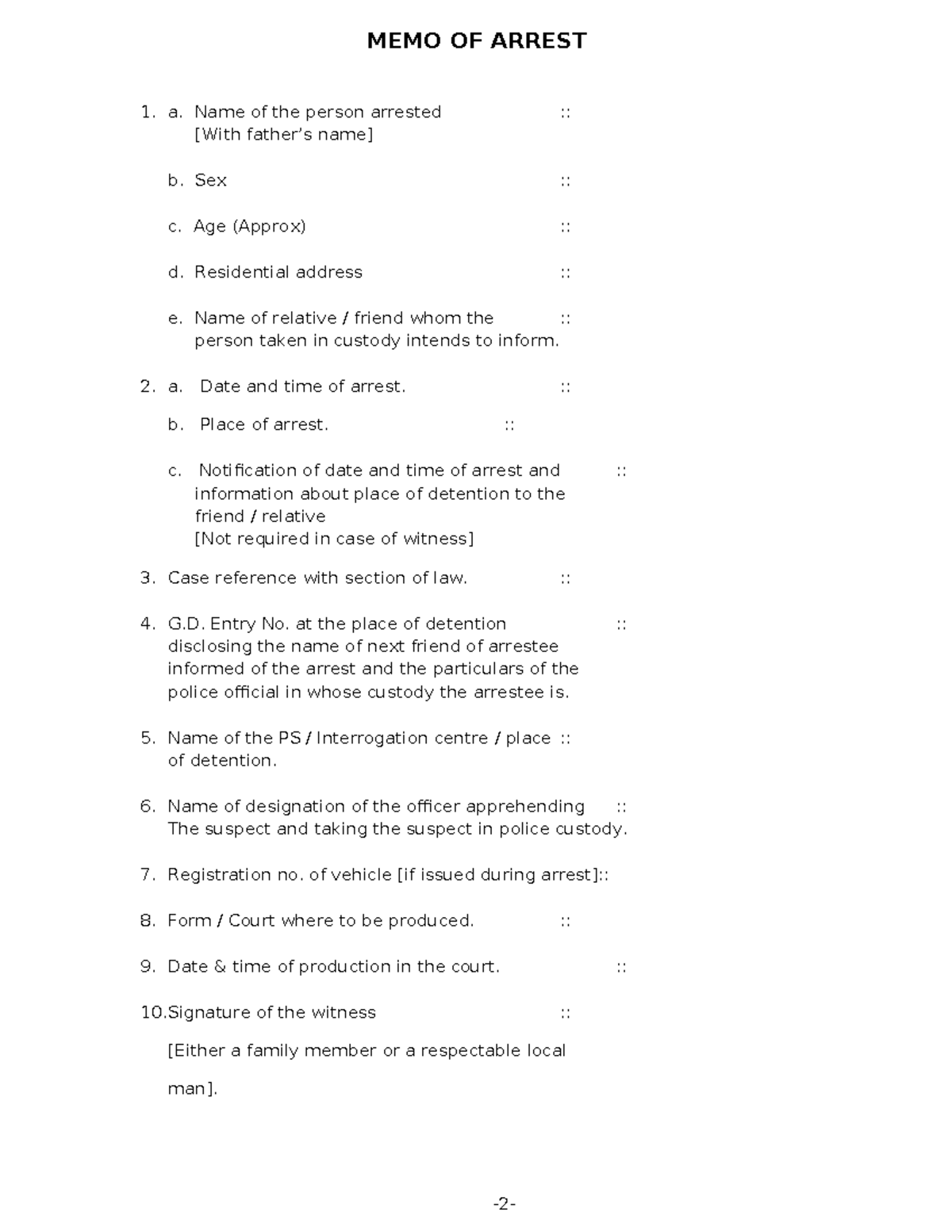 Form for MEMO OF Arrest - MEMO OF ARREST a. Name of the person arrested ...