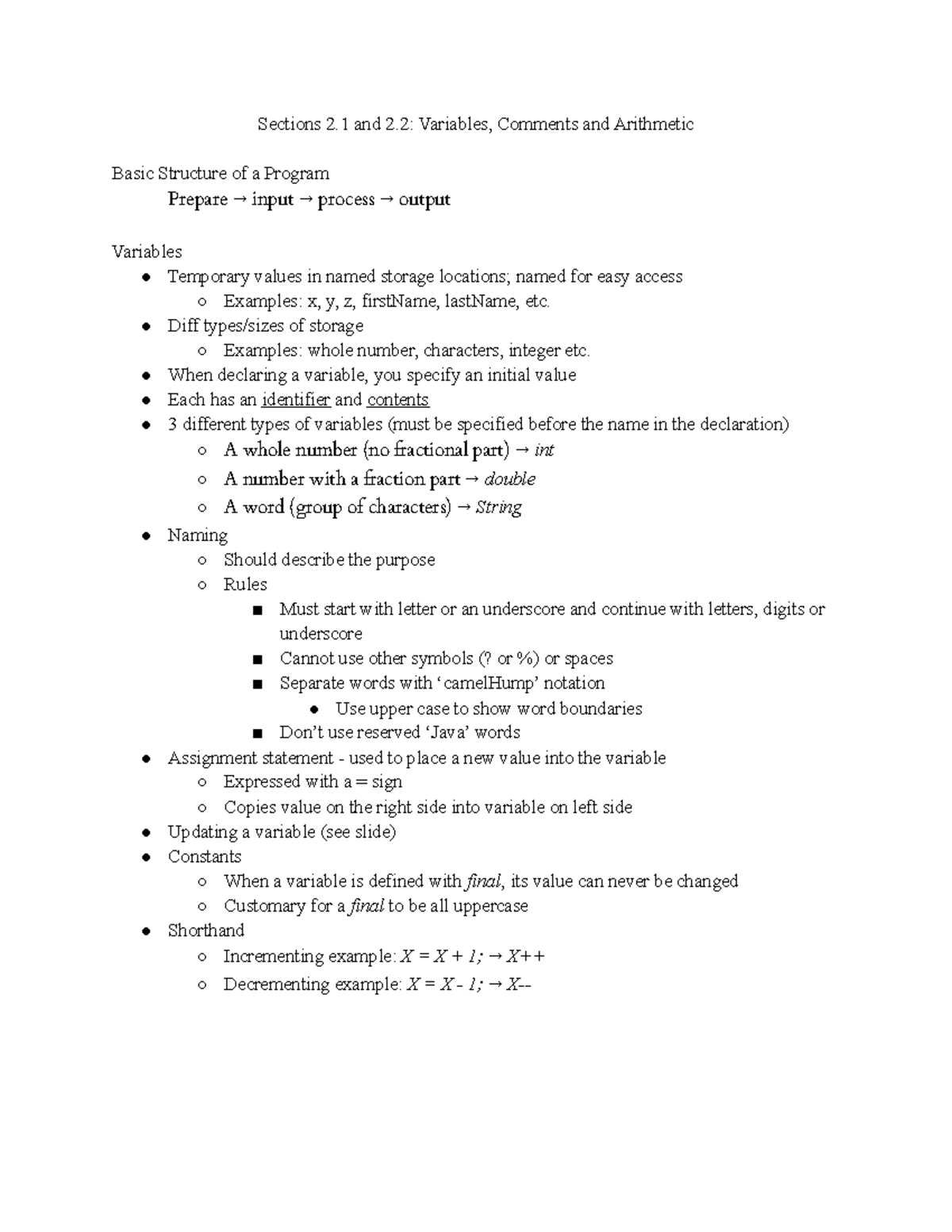 2.1 & 2.2: Variables, Comments and Arithmetic - Sections 2 and 2 ...