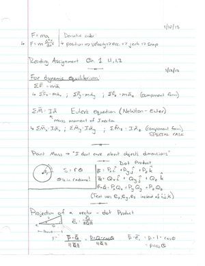 Formula Sheet EMCH212 - Equation Sheet for E MCH 212/212H— Dynamics Miscellaneous Quadratic ...
