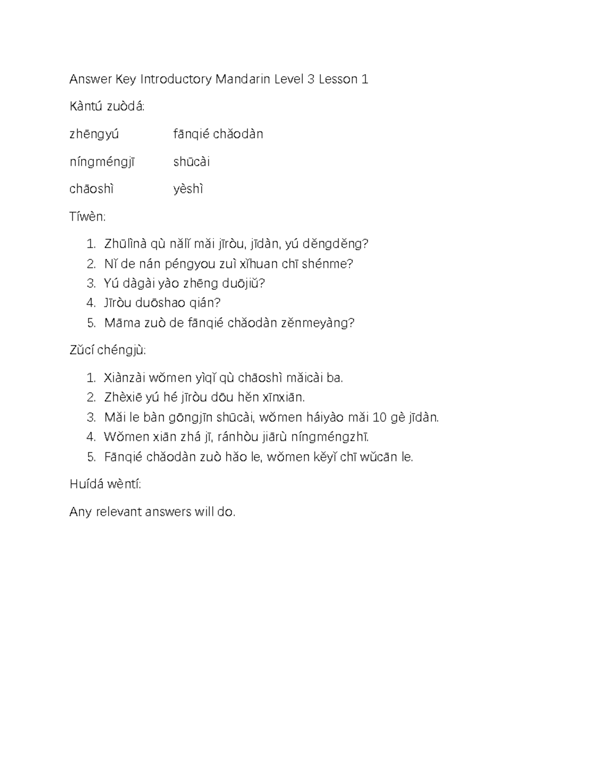 Answer Key Introductory Mandarin Level 3 Lesson 1 - Answer Key Introductory Mandarin Level 3 ...