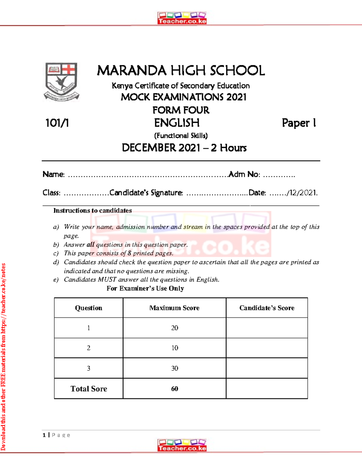 2022 Maranda Mock 101 English P1 QS Teacher - 1 | P a g e MARANDA HIGH SCHOOL Kenya Certificate ...