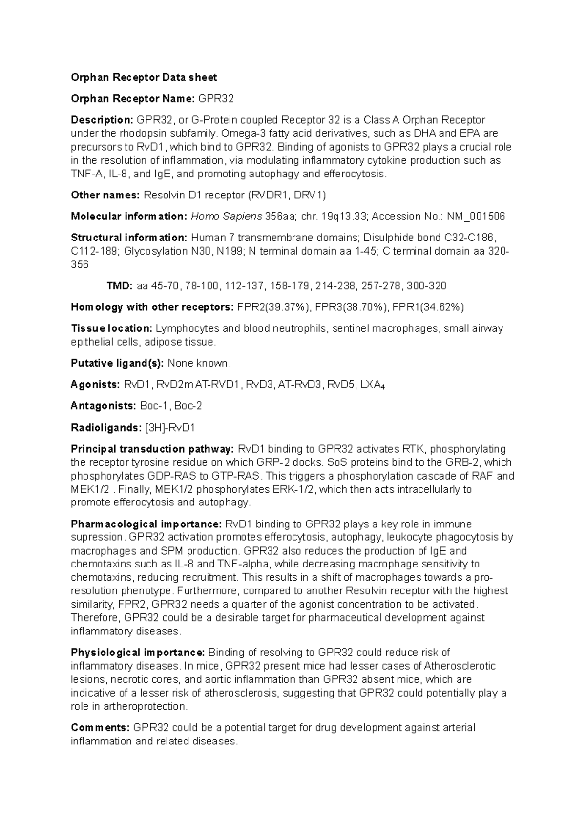 Orphan receptor coursework - Orphan Receptor Data sheet Orphan Receptor ...