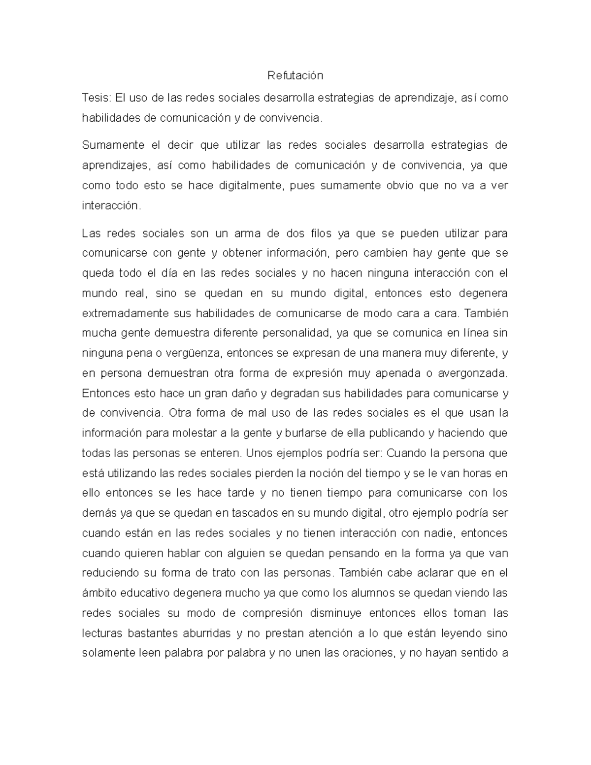 Refutacion - en linea - Refutación Tesis: El uso de las redes sociales ...