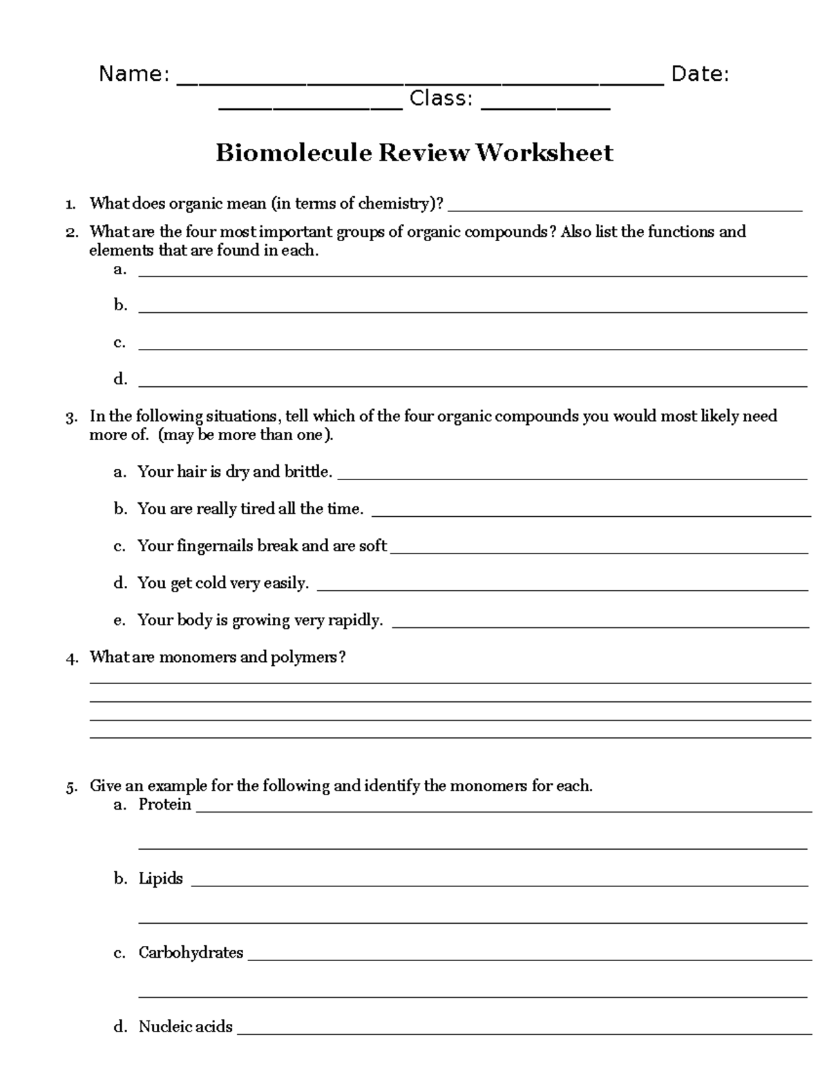 Biomolecule worksheet DSW - Name ...