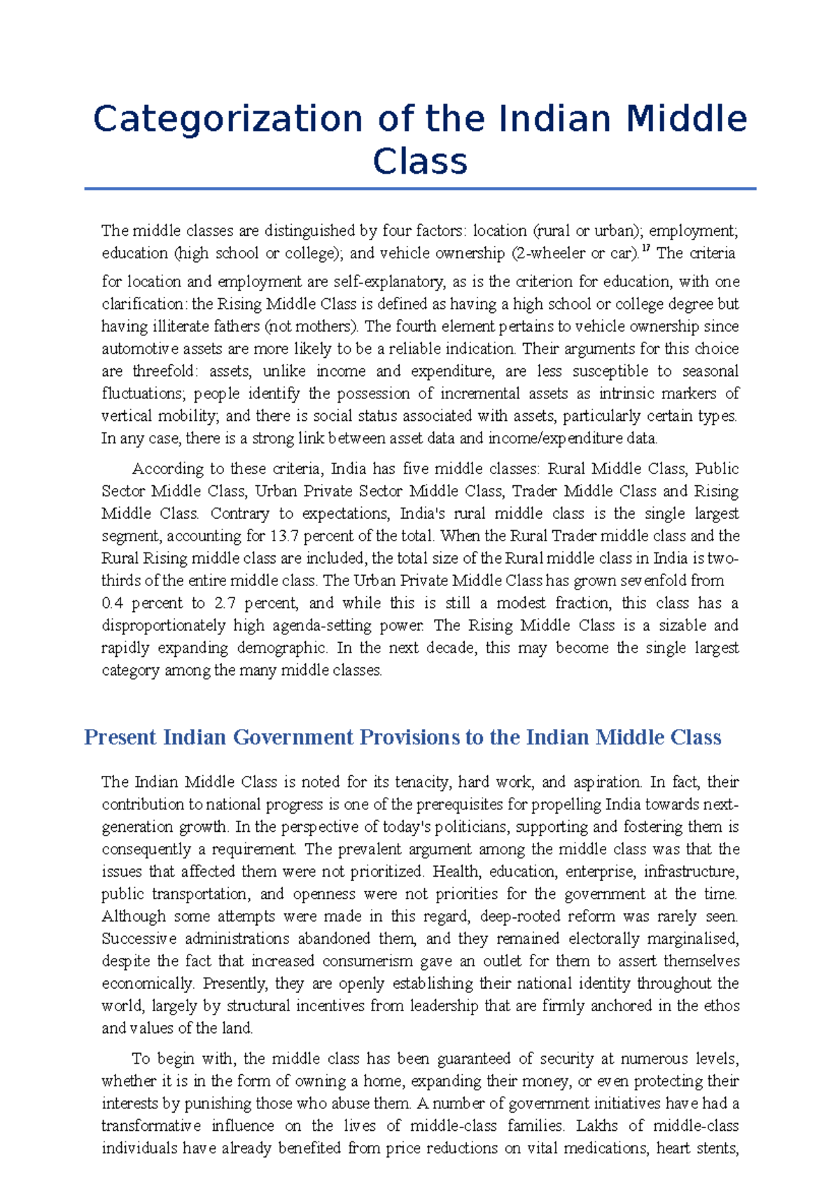 Categorization of the Indian Middle Class - Categorization of the ...