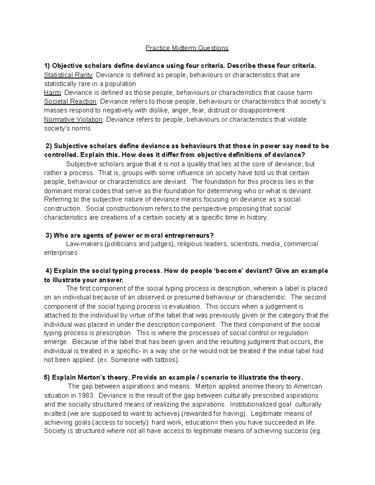 Practice Midterm Questions - Describe these four criteria. Statistical ...