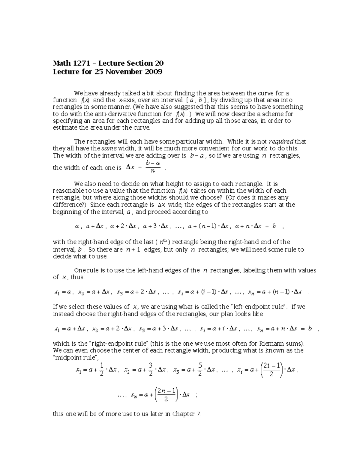 M1271-25November 2009 lecture - ####### Math 1271 – Lecture Section 20 ...