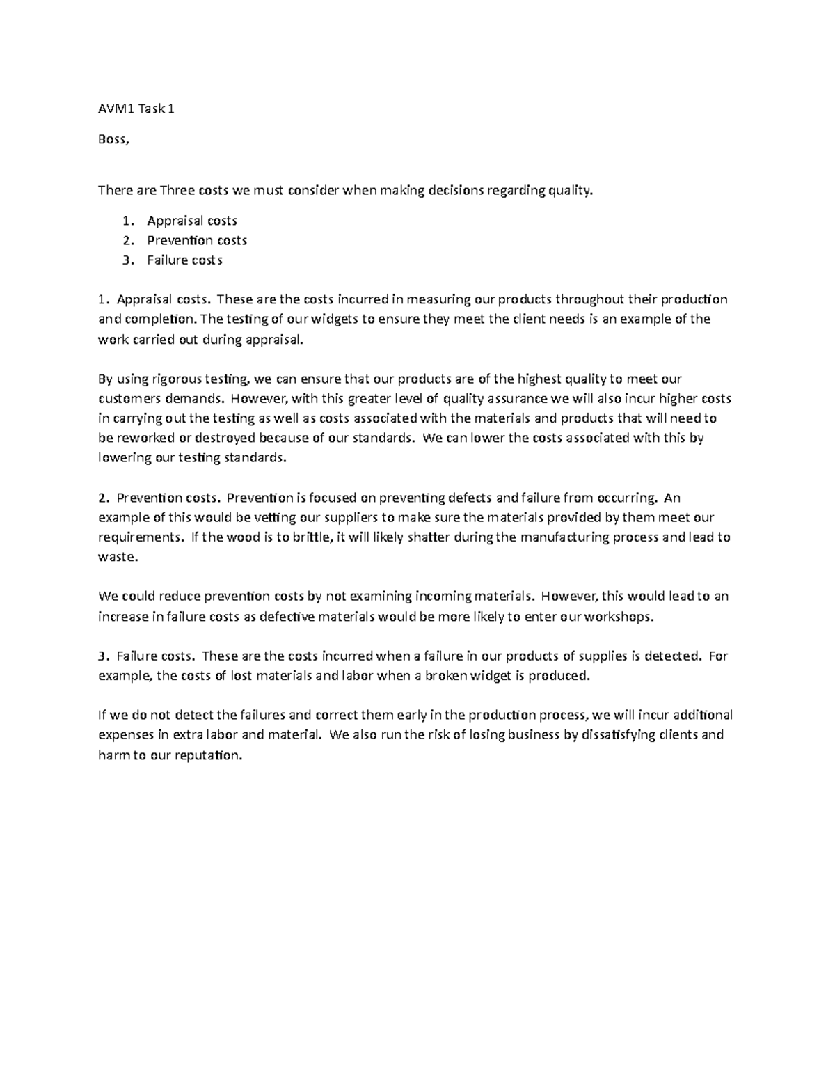 AVM1 Task 1 - Letter discussing quality decissions and options - AVM1 ...