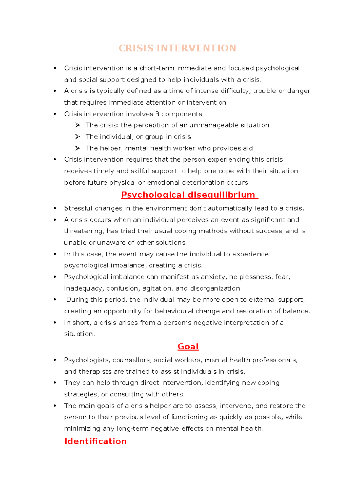 Crisis Intervention - notes for study - CRISIS INTERVENTION Crisis ...