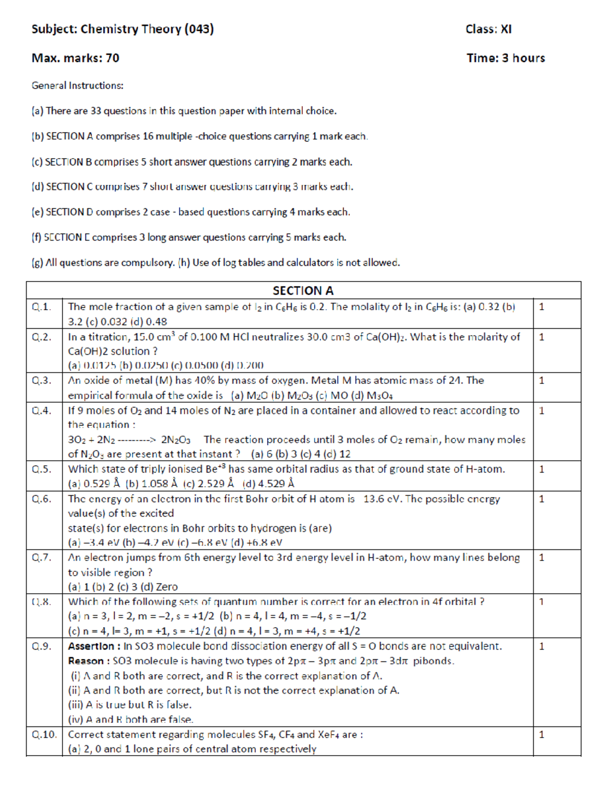 question paper class 11 - Subject: Chemistry Theory (043) Class: XI Max ...