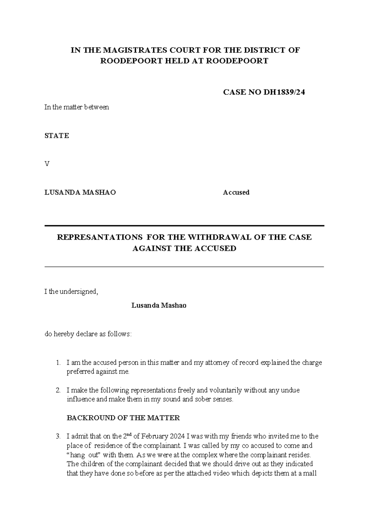 Represantations OF lusanda mashao - IN THE MAGISTRATES COURT FOR THE ...