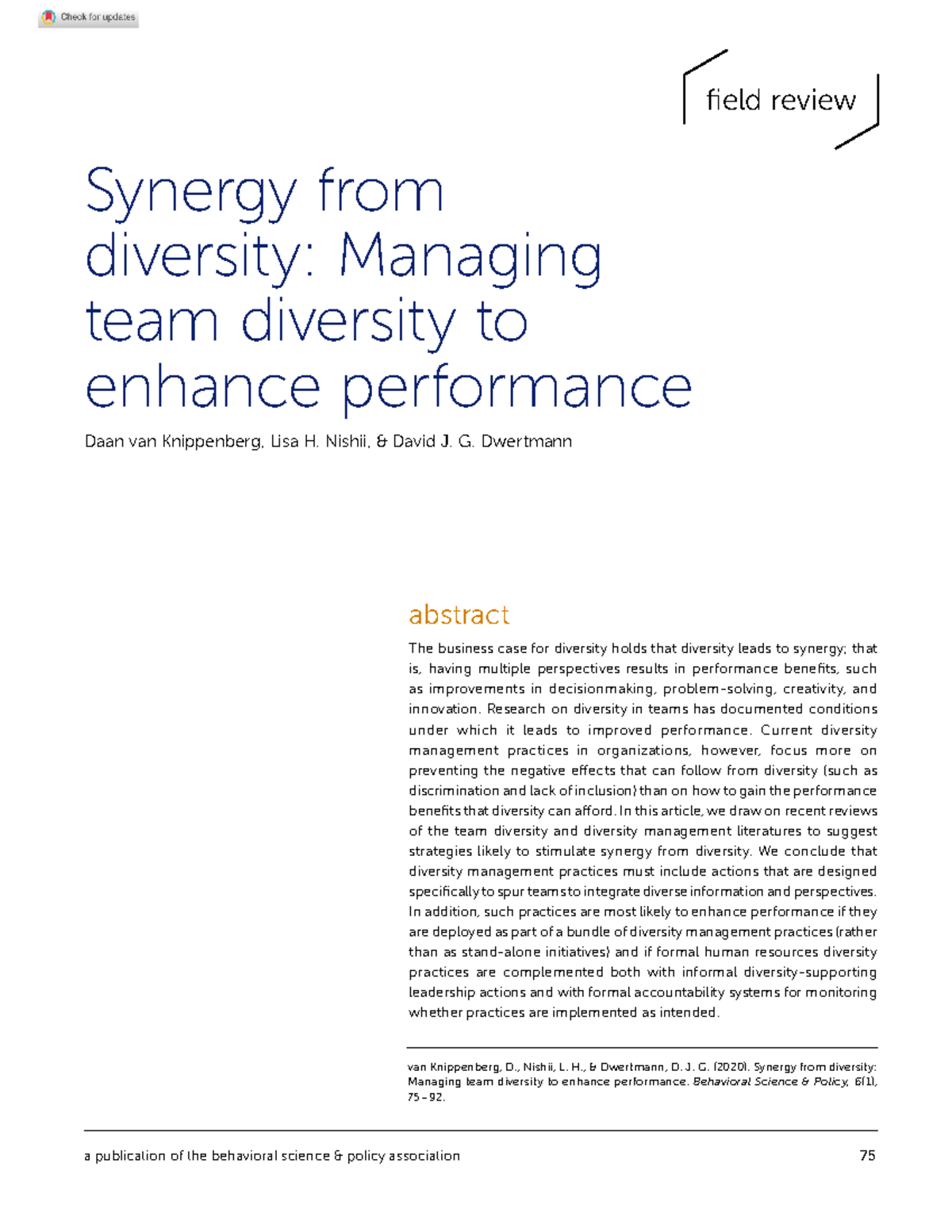 Van knippenberg et al 2020 synergy from diversity managing team ...
