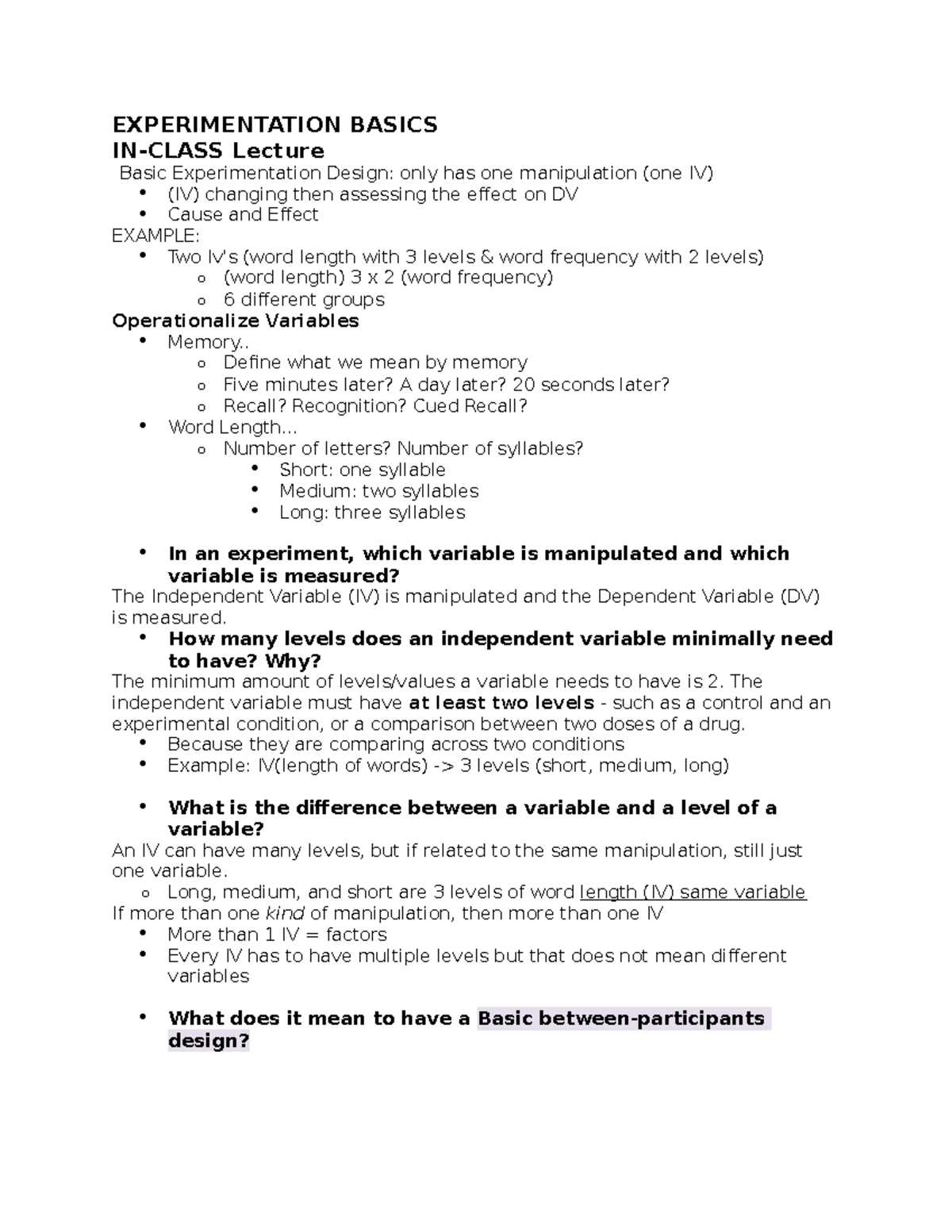 Lecture 6 - EXPERIMENTATION BASICS - EXPERIMENTATION BASICS IN-CLASS ...