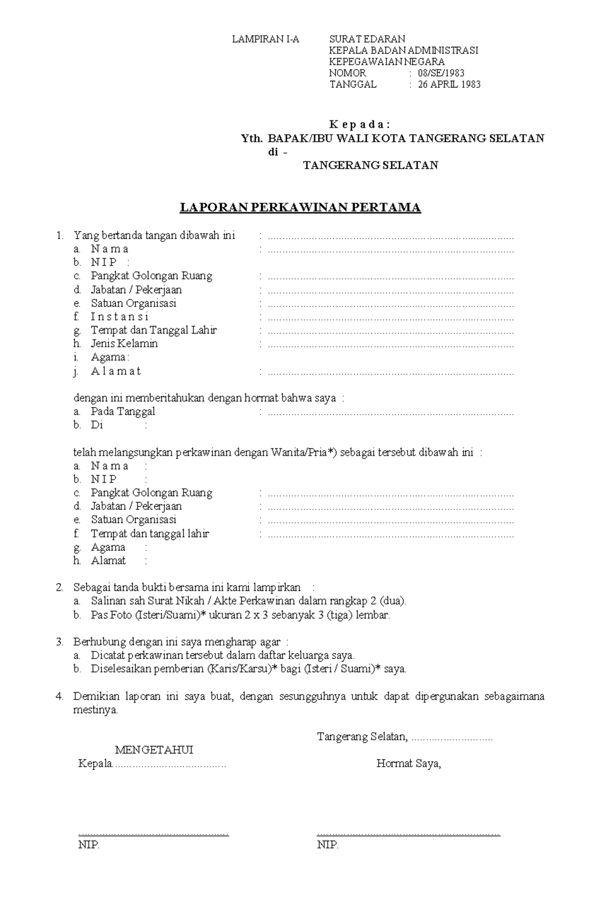 Scribd - Surat Lamaran Kerja - LAMPIRAN I-A SURAT EDARAN KEPALA BADAN ADMINISTRASI KEPEGAWAIAN ...