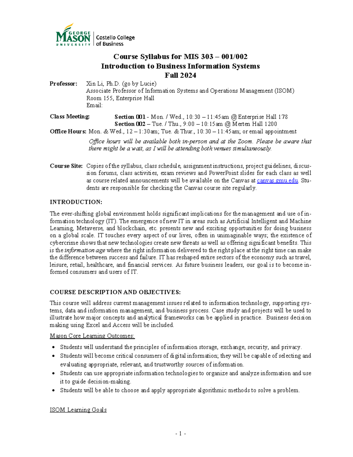 MIS303 Syllabus FALL24 - IP-3 - Course Syllabus for MIS 303 – 001 ...