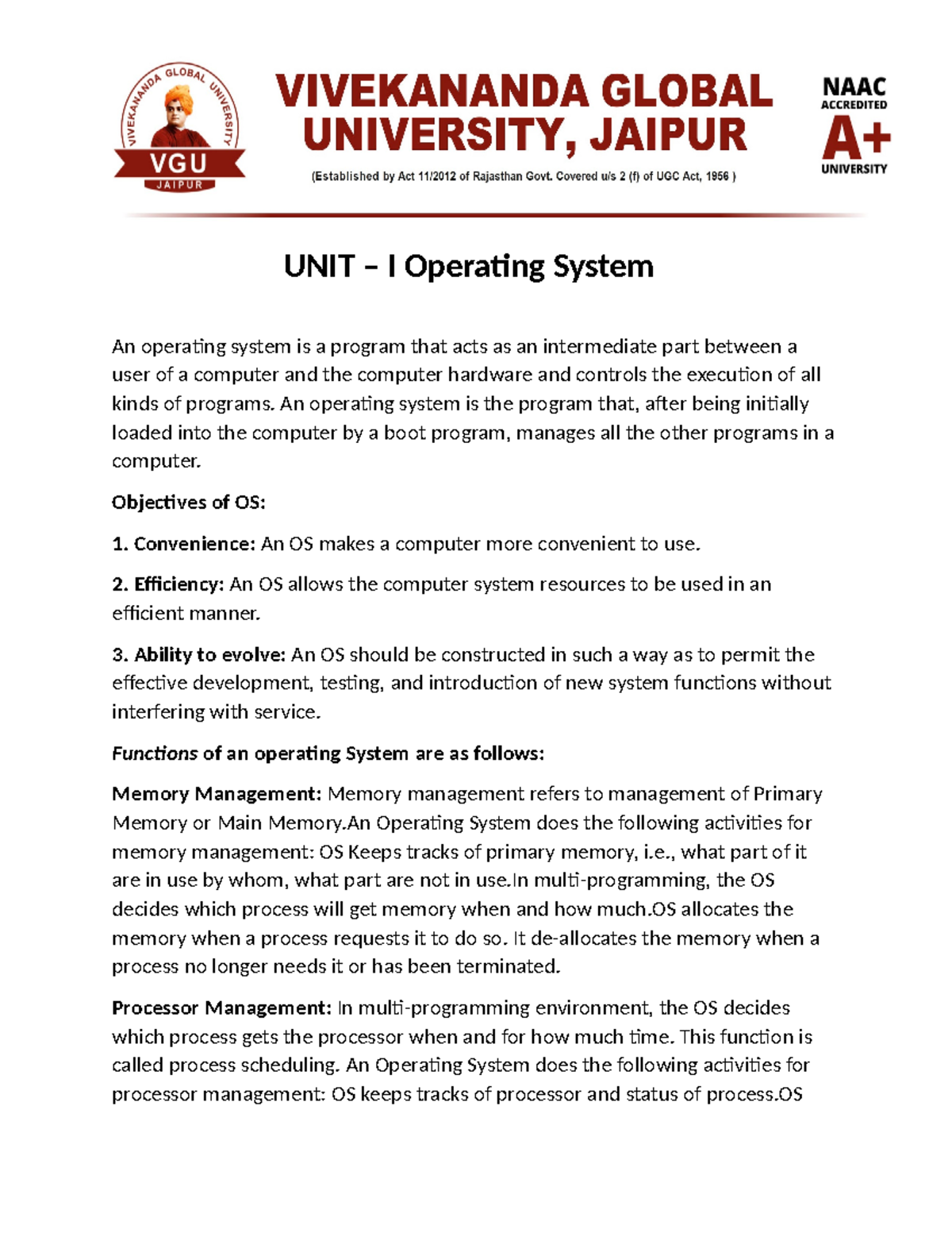 BCA III Sem Unit-1 OS VGU - An operating system is a program that acts as an intermediate part ...