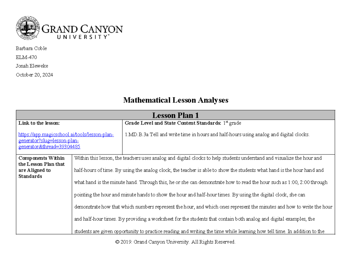 ELM-470-T2-Mathematical Lesson Analysis - Barbara Coble ELM- Jonah ...