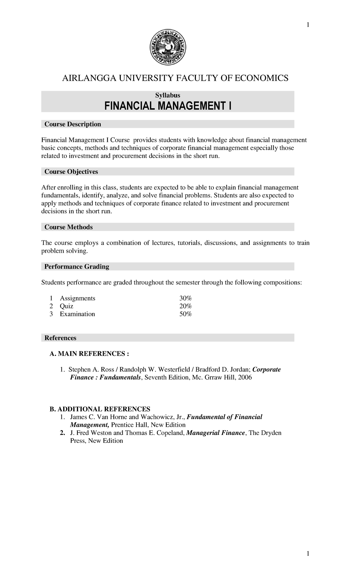 Financial Management I Syllabus - 1 1 AIRLANGGA UNIVERSITY FACULTY OF ...