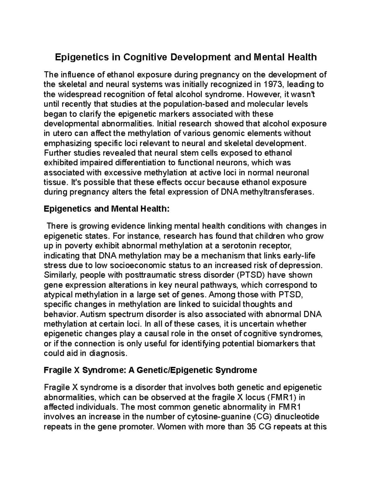 Epigenetics - Notes - Epigenetics in Cognitive Development and Mental ...