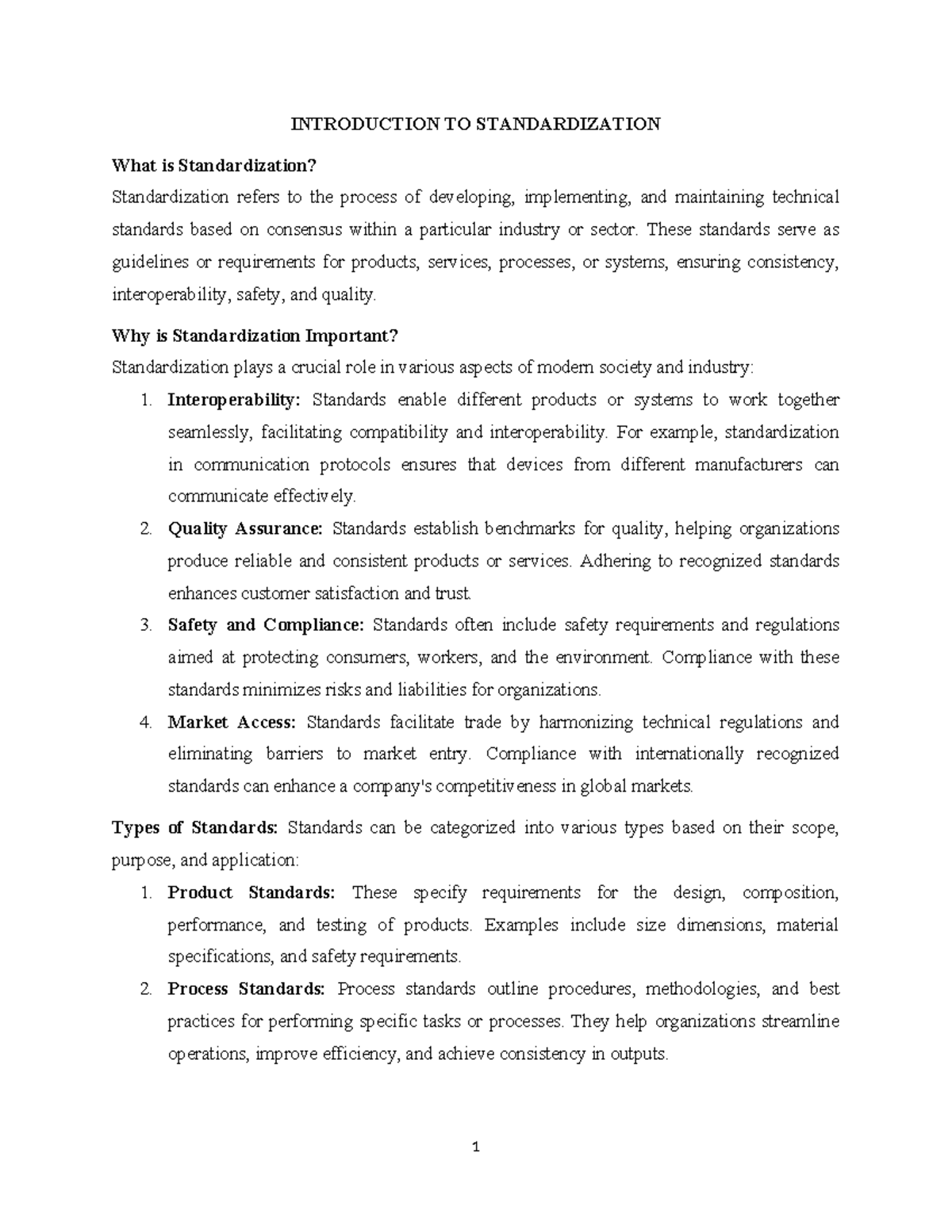 Intro to standardization notes 1 - INTRODUCTION TO STANDARDIZATION What ...