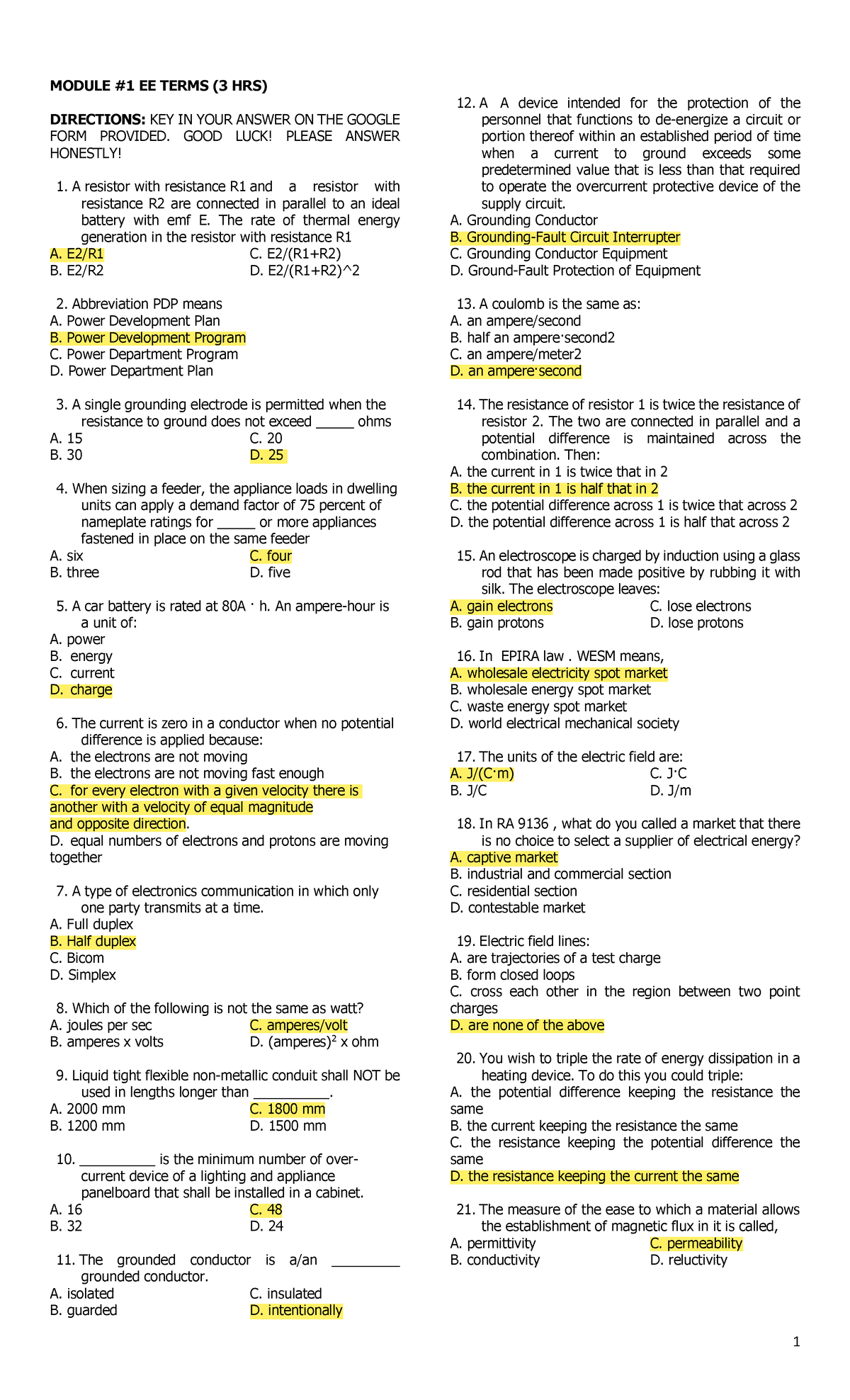 Module-1 EE- Terms WITH- Answers - MODULE #1 EE TERMS (3 HRS ...