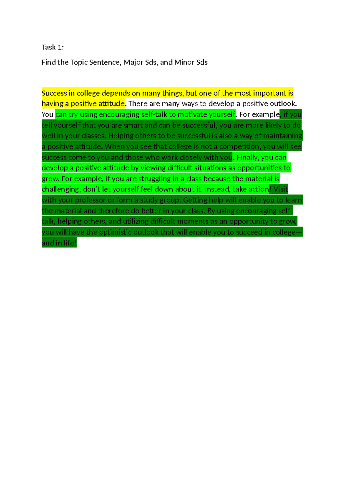 W2S1- Task 1 - Task 1: Find the Topic Sentence, Major Sds, and Minor ...