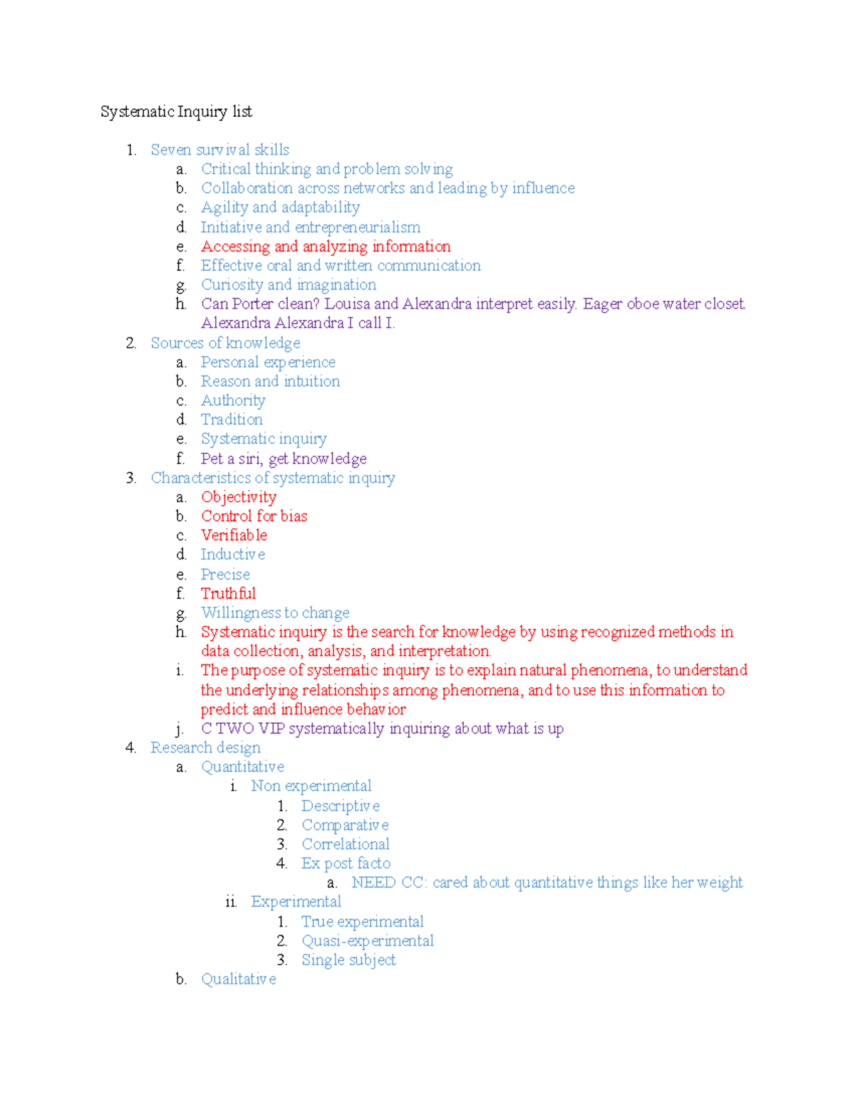 Systematic Inquiry list - Systematic Inquiry list Seven survival skills ...