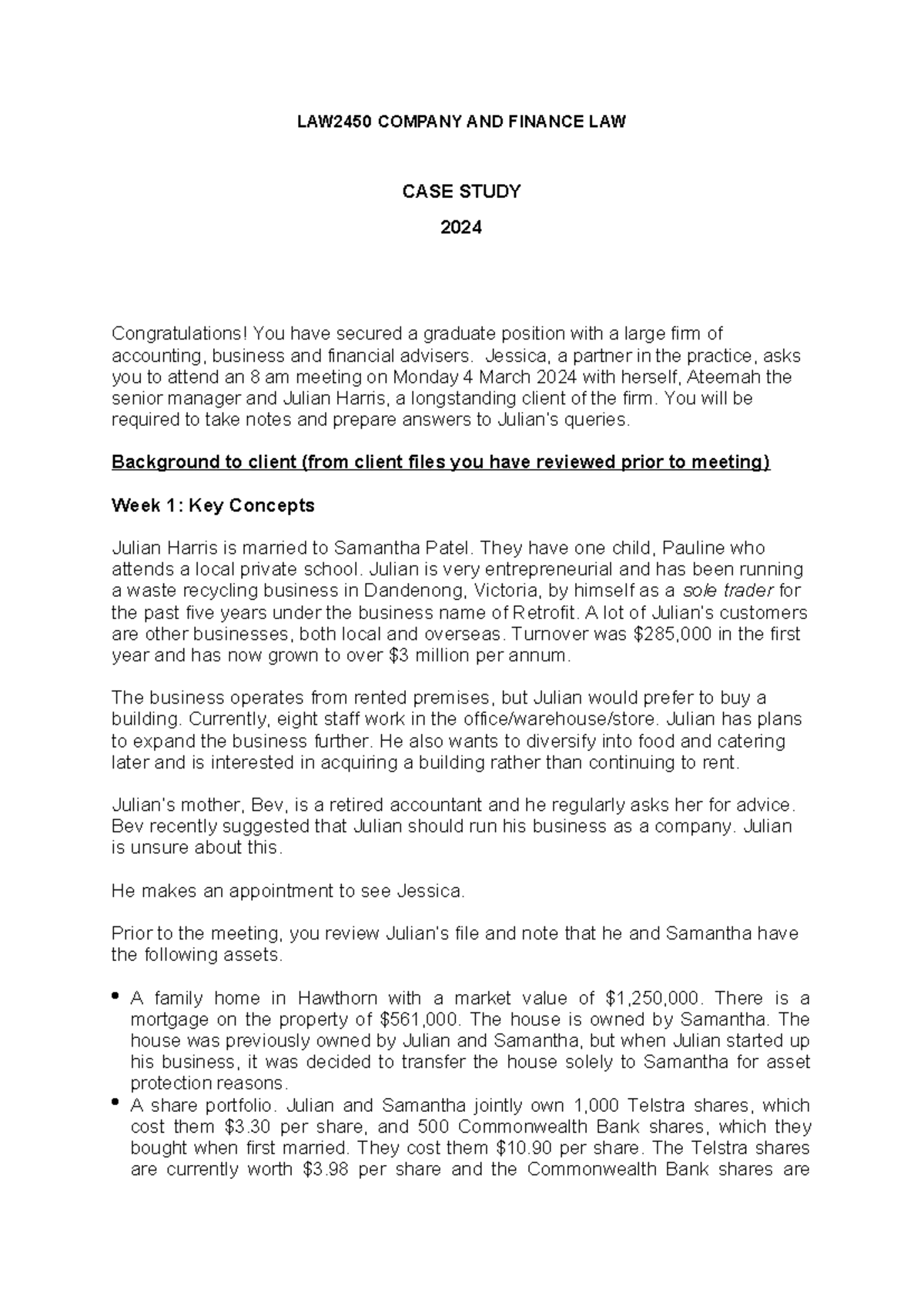 WEEK 1 KEY Concepts - LAW2450 COMPANY AND FINANCE LAW CASE STUDY 2024 ...