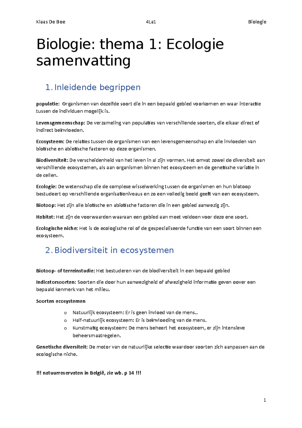 Bio - samenvatting thema 1 4de Pelckmans - Biologie: thema 1: Ecologie samenvatting 1 ...