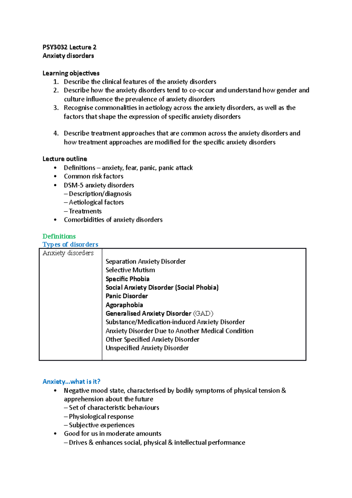 2. Anxiety disorders - Lecture notes 2 - PSY3032 Lecture 2 Anxiety ...
