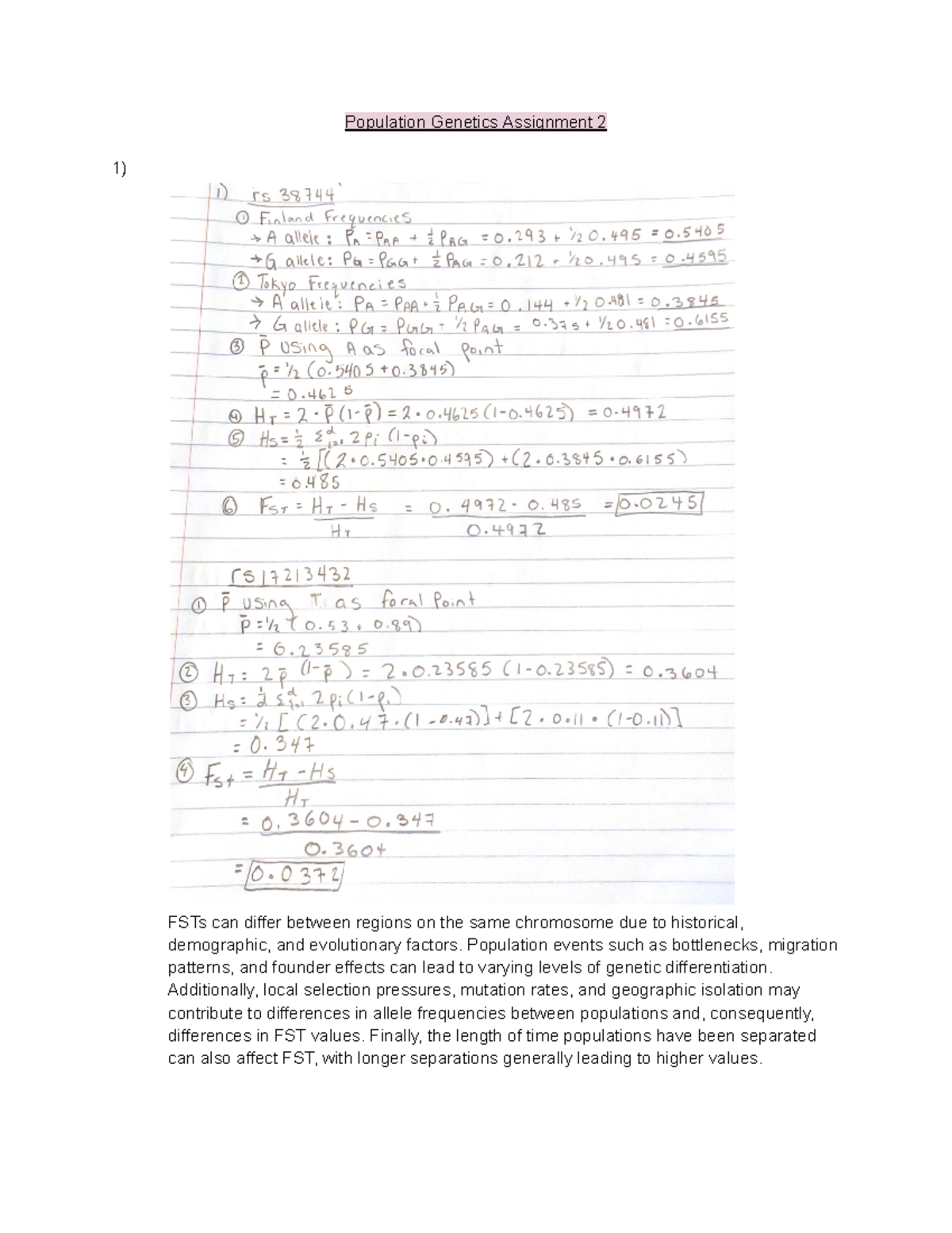 Population Genetics Assignment 2 Population Events Such As