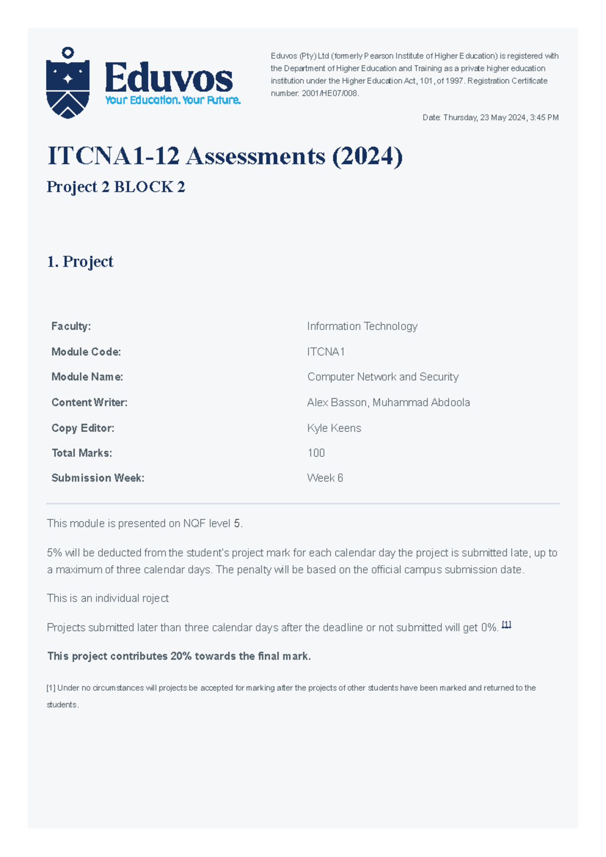 Project 2 Block 2 Itcna - Eduvos (Pty) Ltd (formerly Pearson Institute ...