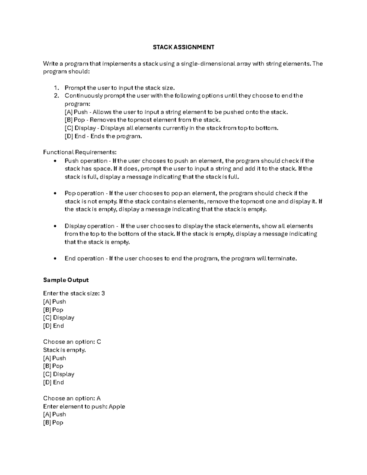 Stack- Assignment - its a note - STACK ASSIGNMENT Write a program that ...