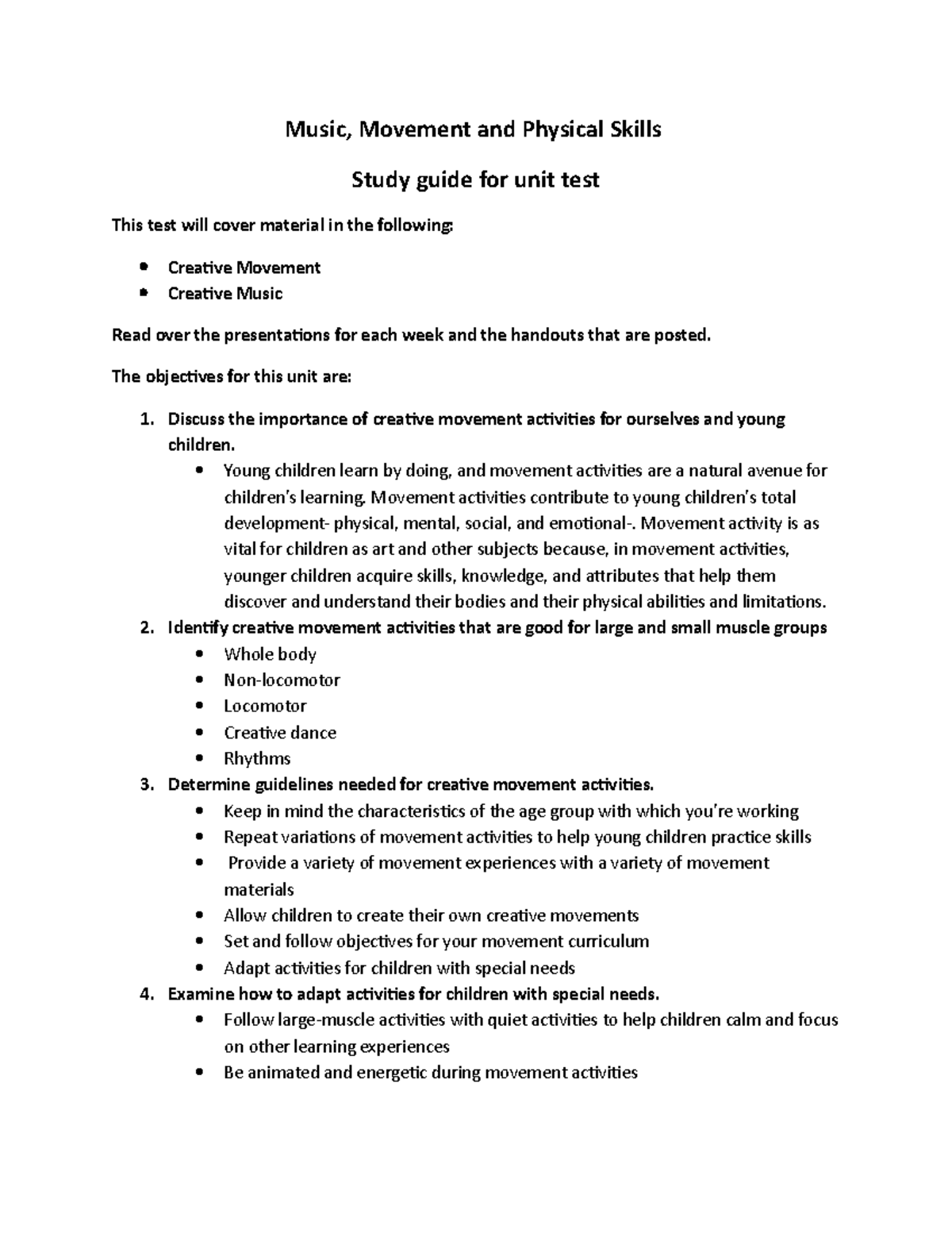 Music and Movement Test Study Guide - Music, Movement and Physical ...