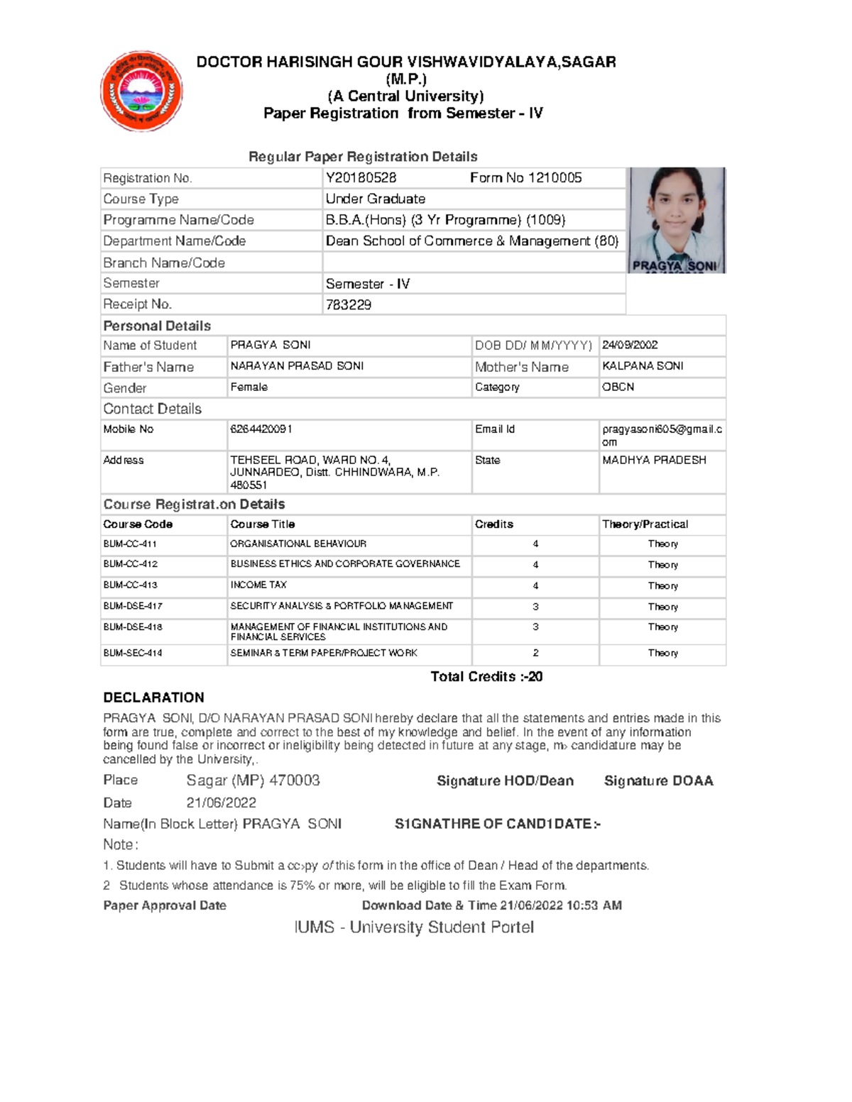 Paper registration list - DOCTOR HARISINGH GOUR VISHWAVIDYALAYA,SAGAR ...