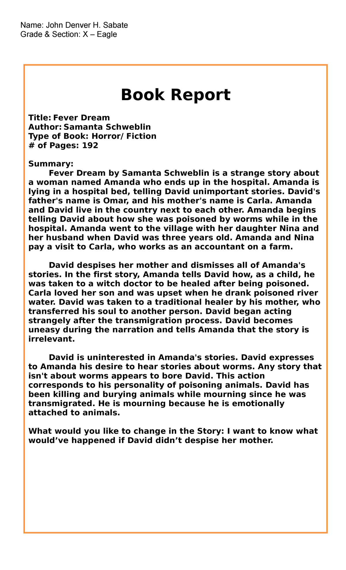 Sabate - Book-Report [English] - Name: John Denver H. Sabate Grade ...