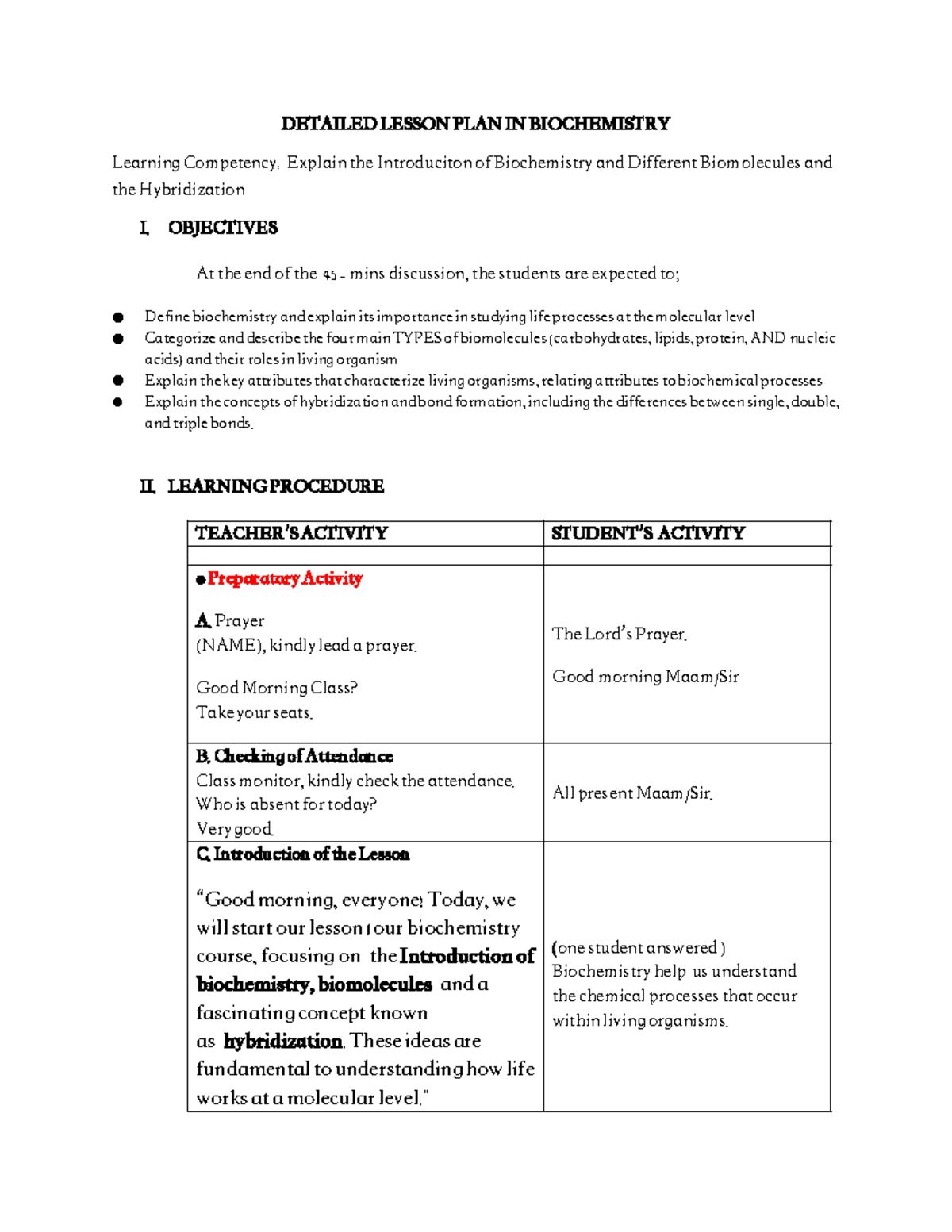 Lesson 1 Lesson PLAN - DETAILED LESSON PLAN IN BIOCHEMISTRY Learning ...