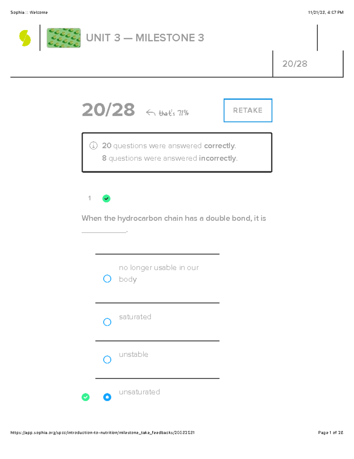 Intro To Nutrition Unit 3 Milestone - 1 20 / 28 that's 71% RETAKE 20 ...