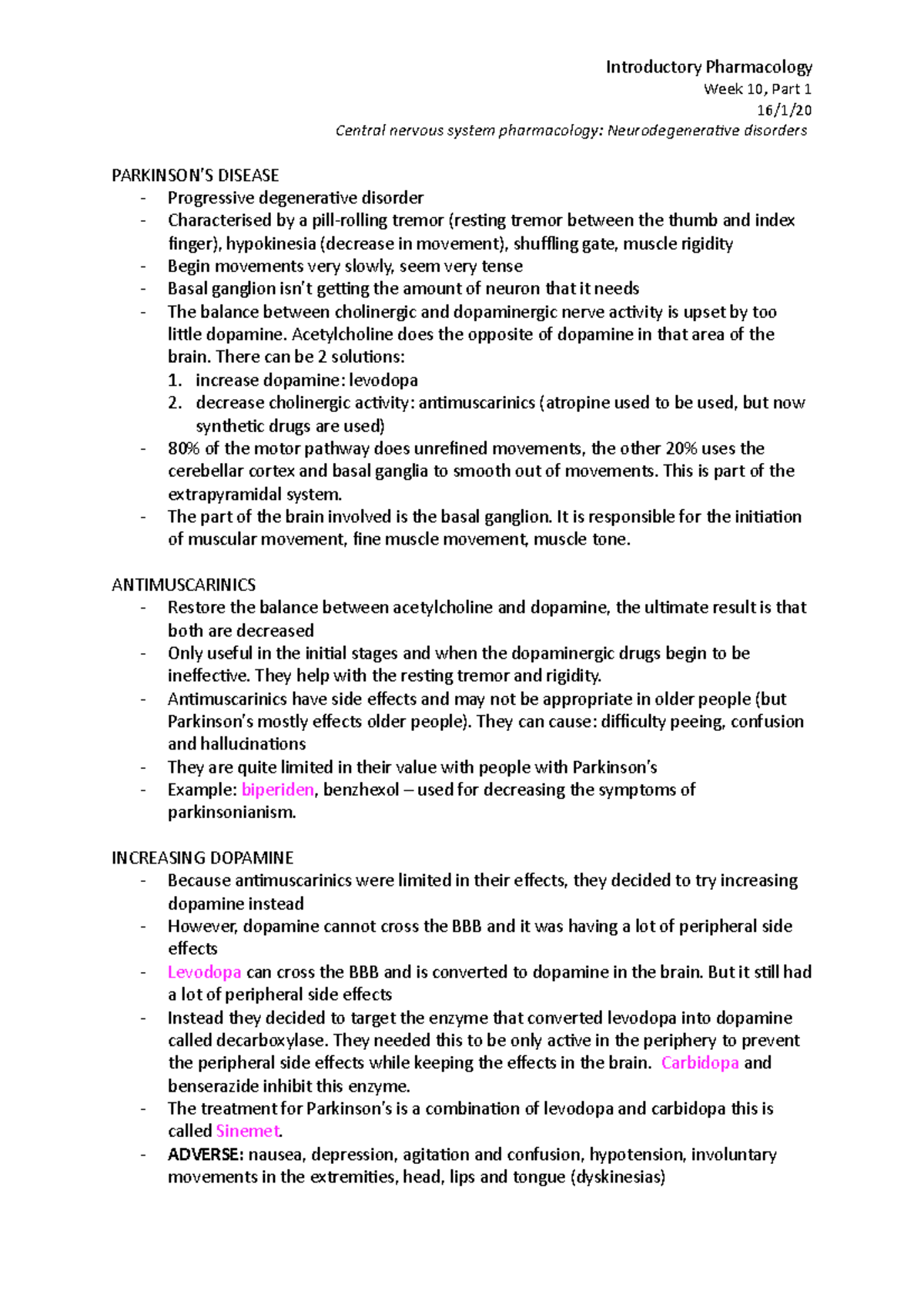 Week 10, Part 1 - Week 10 lecture notes - Pharmacology - Introductory ...