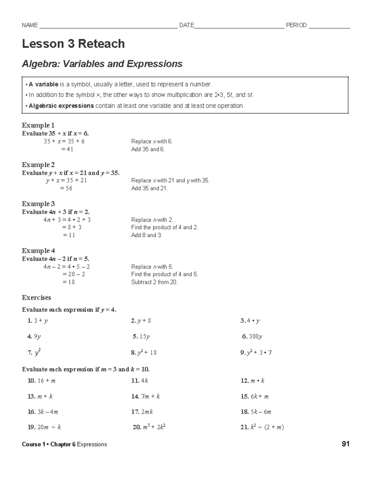 Nina Algebra Variables and Expressions - NAME ...